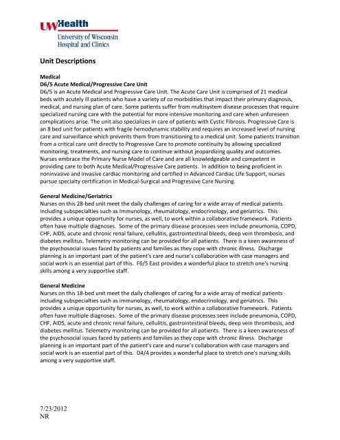 Unit Descriptions (pdf) - UW Health