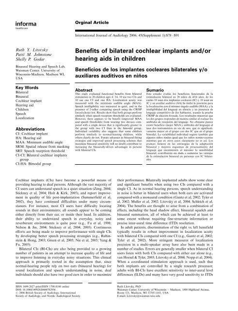 Benefits of bilateral cochlear implants and/or hearing - Waisman ...