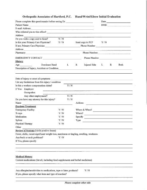 Hand / Wrist / Elbow Initial Evaluation - Orthopedic Associates of ...