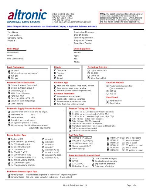 Panel Specification Form - Altronic Inc.