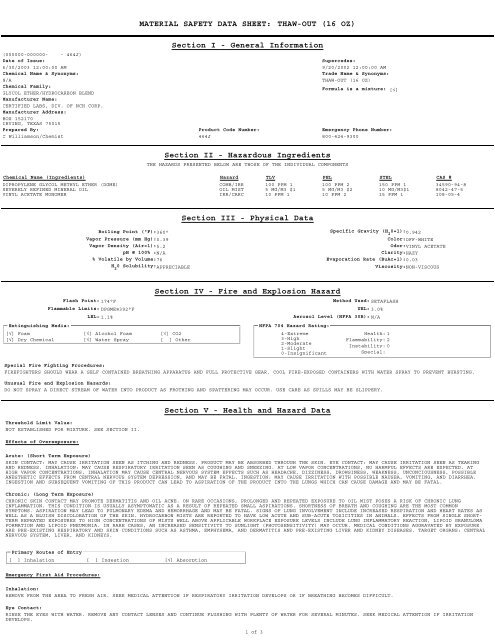 MATERIAL SAFETY DATA SHEET: THAW-OUT ... - Feldman Lumber