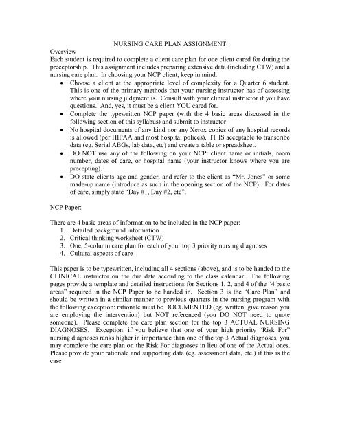 NURSING CARE PLAN ASSIGNMENT - De Anza College