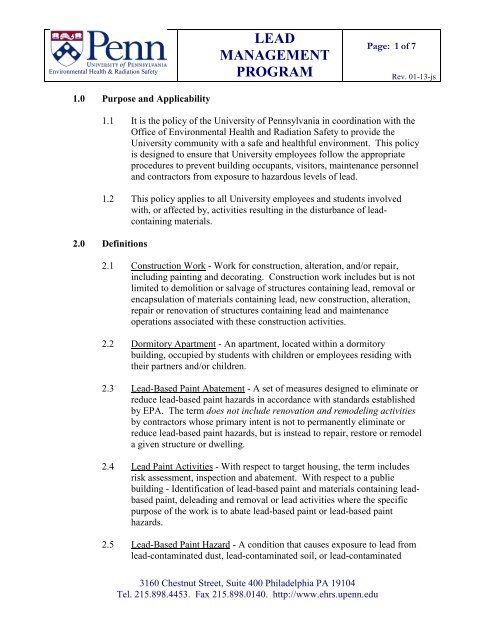 lead management program - Environmental Health & Radiation Safety
