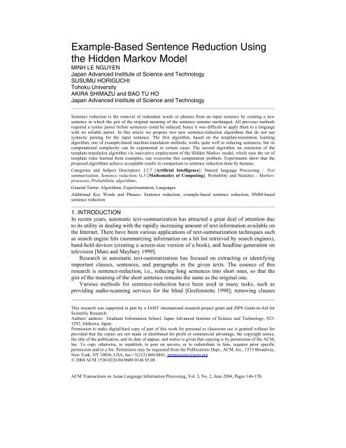 Example-Based Sentence Reduction Using the Hidden Markov Model