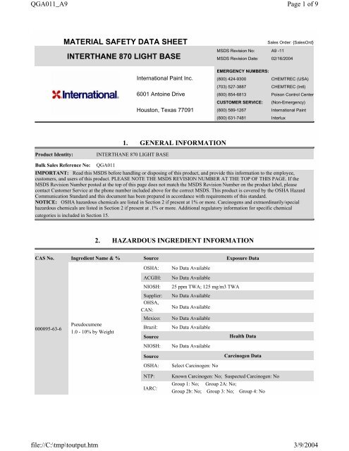 material safety data sheet interthane 870 light base - datasheets ...