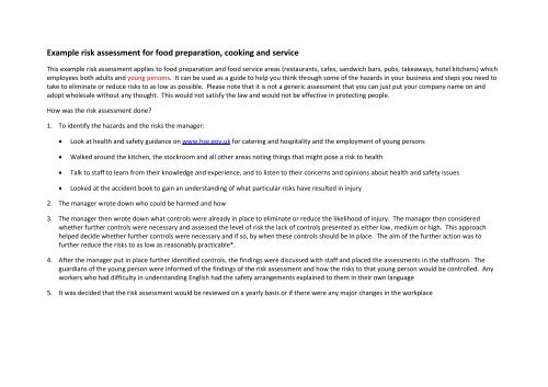 Example risk assessment for food preparation, cooking and service
