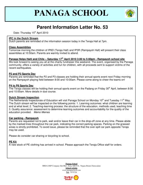PANAGA SCHOOL Parent Information Letter No. 53