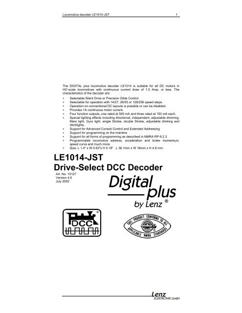 LE1014-JST Drive-Select DCC Decoder - Lenz USA