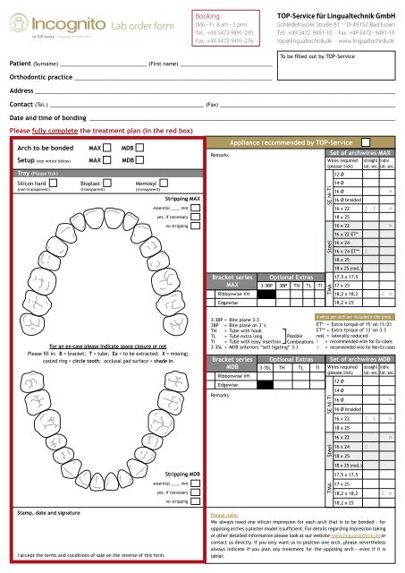 INCOGNITO lab order form (ca. 175 kB) - Lingualtechnik