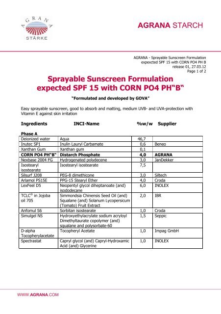 Sprayable Sunscreen Formulationexpected SPF 15 with ... - Agrana