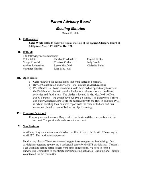 Parent Advisory Board Meeting Minutes