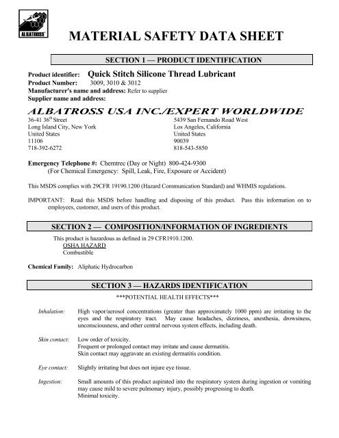 MATERIAL SAFETY DATA SHEET - Albatross USA, Inc.