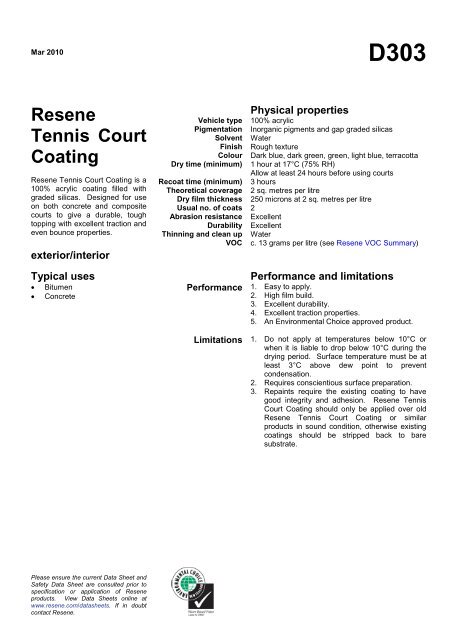 Data sheet for D303 Resene Tennis Court Coating