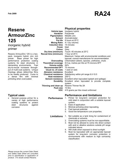 Data sheet for Resene ArmourZinc 125 inorganic hybrid primer
