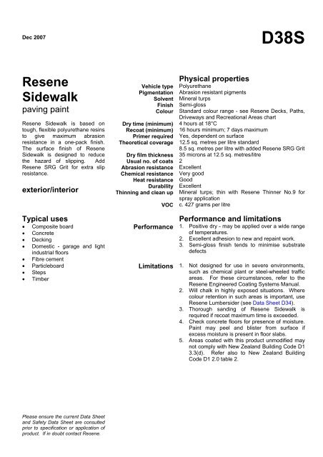 Datasheet for d38s - Resene Solventborne Sidewalk paving paint