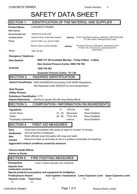 Safety Data Sheet for Resene Paints Concrete Primer