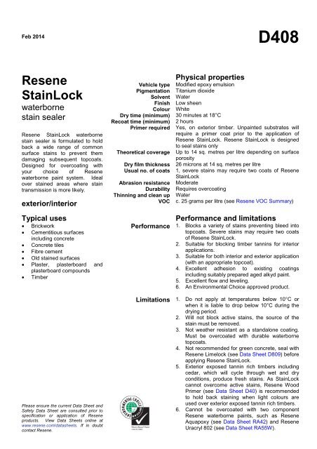 Data sheet for d408 Resene StainLock waterborne stain sealer