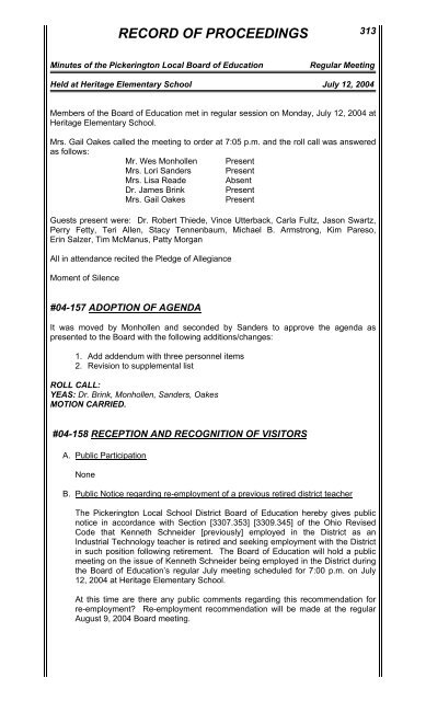 RECORD OF PROCEEDINGS - Pickerington Local School District