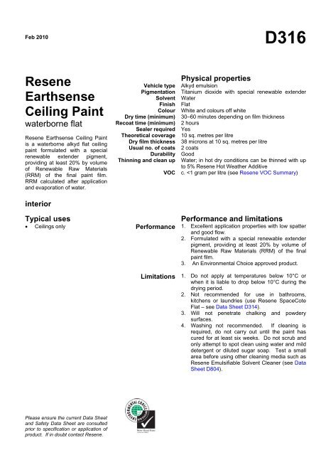 Data sheet for Resene Earthsense Ceiling Paint waterborne flat
