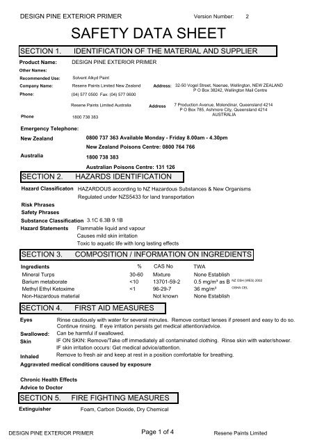Safety Data Sheet for Resene Design Pine exterior primer