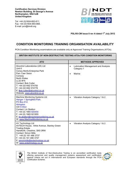 condition monitoring training organisation availability - BINDT