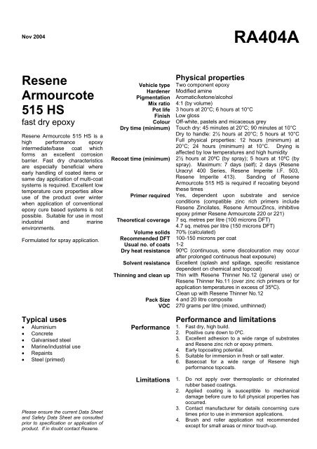 RA404A - Resene Armourcote 515 HS fast dry epoxy data sheet