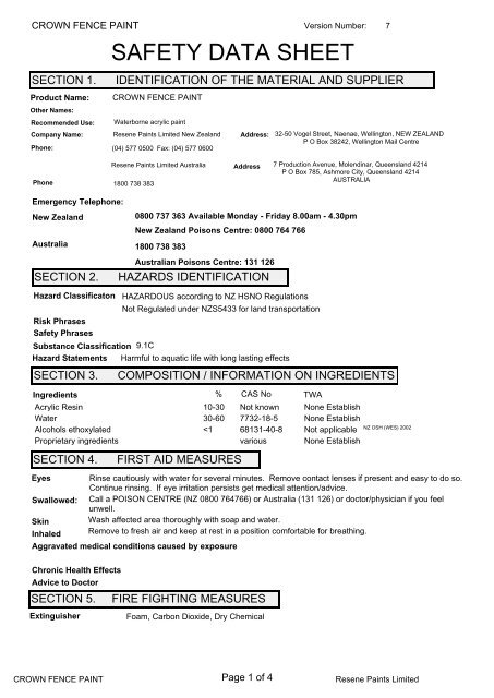 Safety Data Sheet for Resene Crown Fence Paint