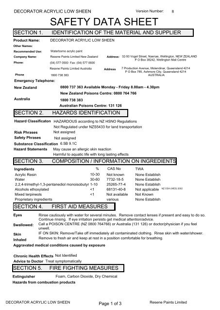 Safety Data Sheet for Resene Paints Decorator Acrylic Low Sheen ...