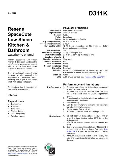 Datasheet for D311K Resene SpaceCote Low Sheen Kitchen ...