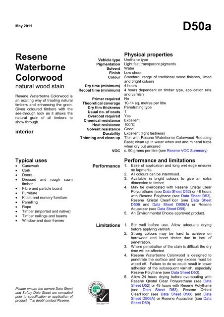 Data sheet for D50a Resene Waterborne Colorwood natural wood ...