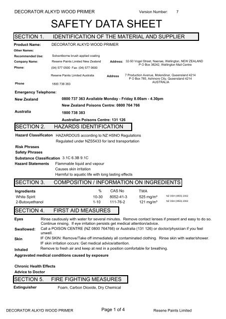 Safety Data Sheet for Resene Paints Decorator Alkyd Wood Primer ...