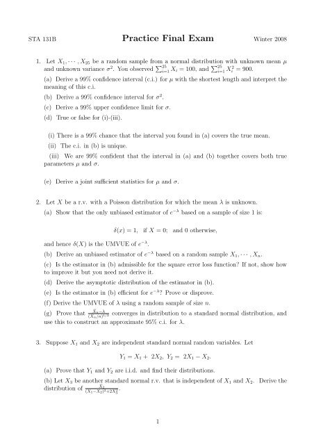 Practice Final Exam - Statistics Practice Final Exam - Statistics