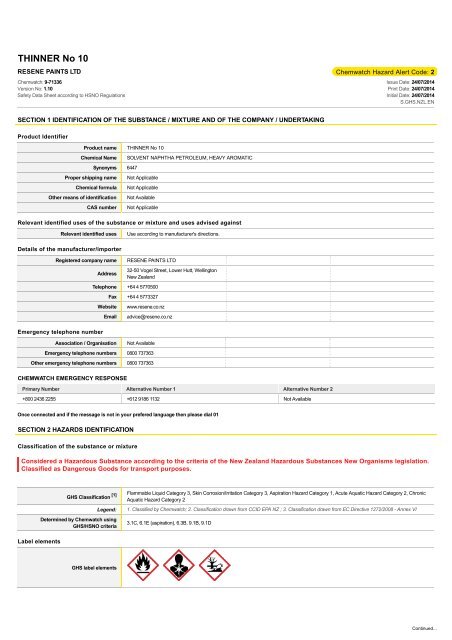 SDS for Resene Thinner No 10 paint thinner