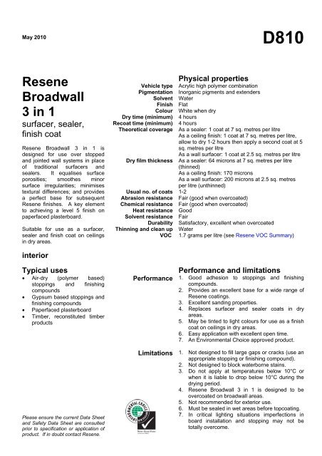 Data sheet for d810 Resene Broadwall 3 in 1 surfacer, sealer and ...