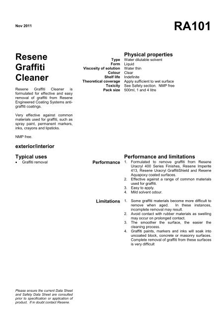 RA101 - Resene Graffiti Cleaner data sheet