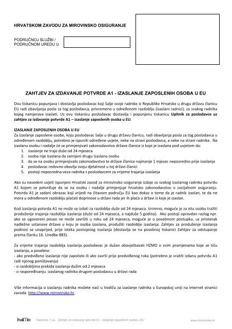 ZAHTJEV ZA IZDAVANJE POTVRDE A1 - IZASLANJE ...