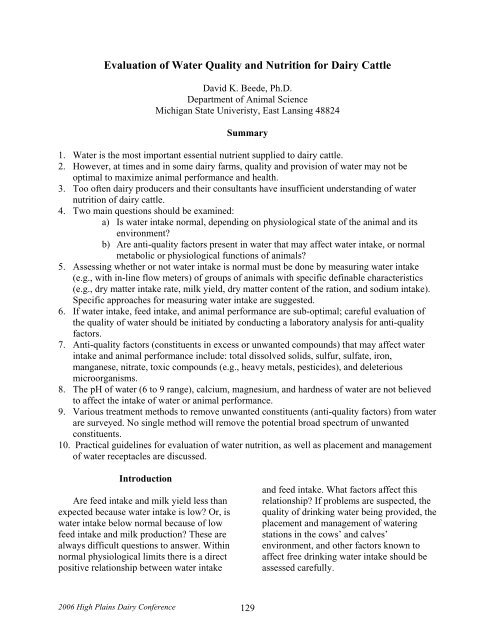 Assessment of Water Quality and Nutrition for Dairy Cattle