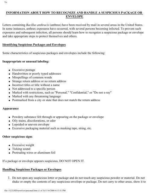 How to Recognize and Handle a Suspicious Package or Envelope