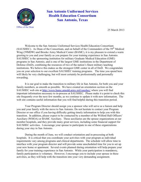 Dean's Welcome Letter - Brooke Army Medical Center