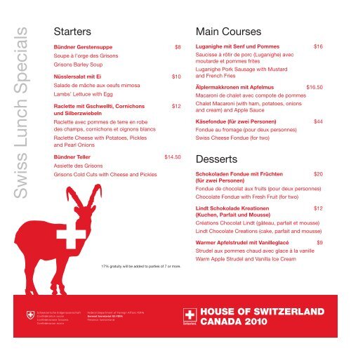 Swiss Lunch Specials - House of Switzerland