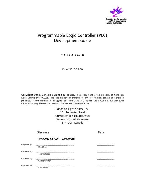 Programmable Logic Controller (PLC ... - Canadian Light Source