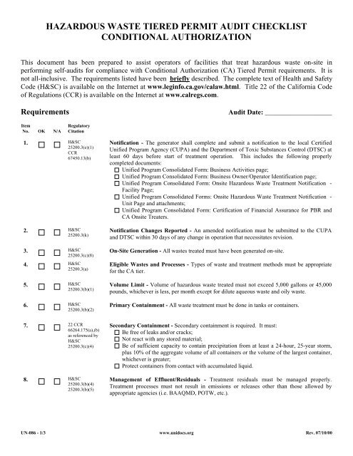 Tiered Permit Audit Checklist: CA - Unidocs