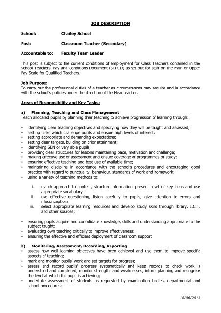 JOB DESCRIPTION School: Chailey School Post: Classroom ...