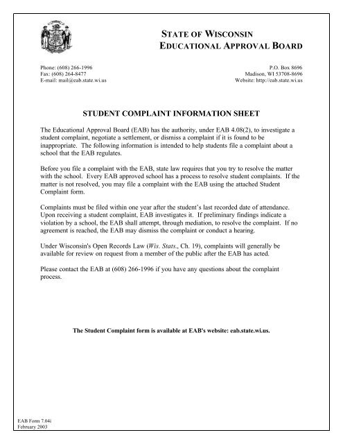 Student Complaint form.2.17.03 - Educational Approval Board