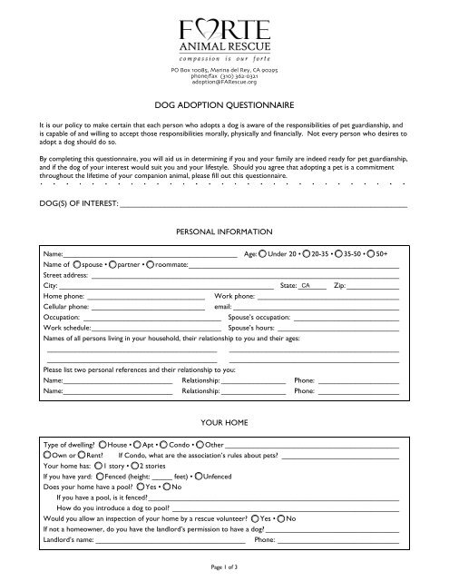 DOG ADOPTION QUESTIONNAIRE - Forte Animal Rescue