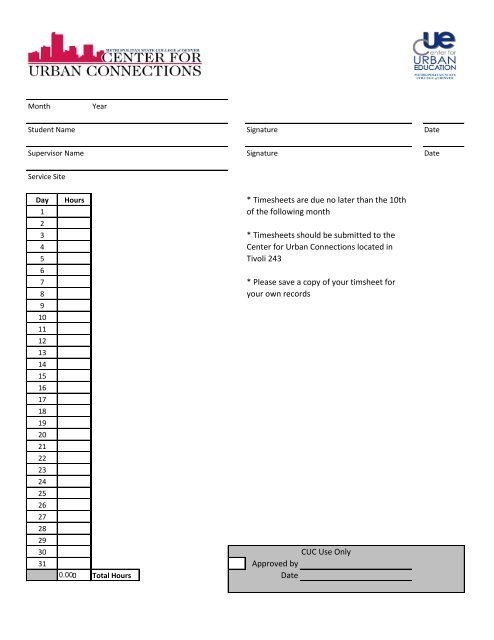 CUE Service Learning Timesheet and Reflection - Center for Urban ...