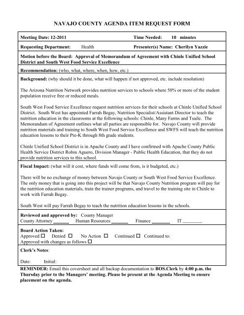 NAVAJO COUNTY AGENDA ITEM REQUEST FORM