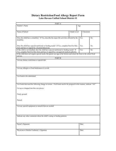 dietary restriction/food allergy form - Lake Havasu Unified School ...