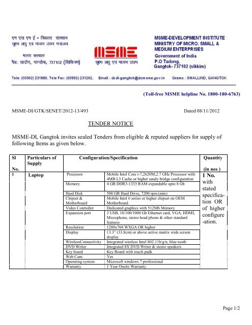 TENDER NOTICE MSME-DI, Gangtok invites sealed ... - Sikkim