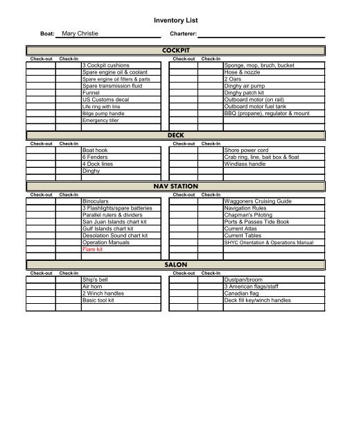 COCKPIT DECK NAV STATION Inventory List SALON - Ship Harbor ...